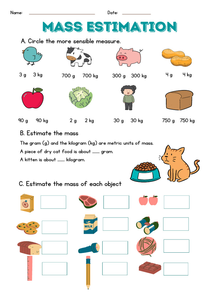 Estimating Mass Worksheet for Kids | PDF | Kilogram | Metrology