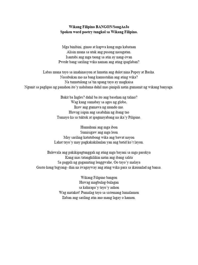 Wikang Filipino BANGON Spoken Poetry | PDF