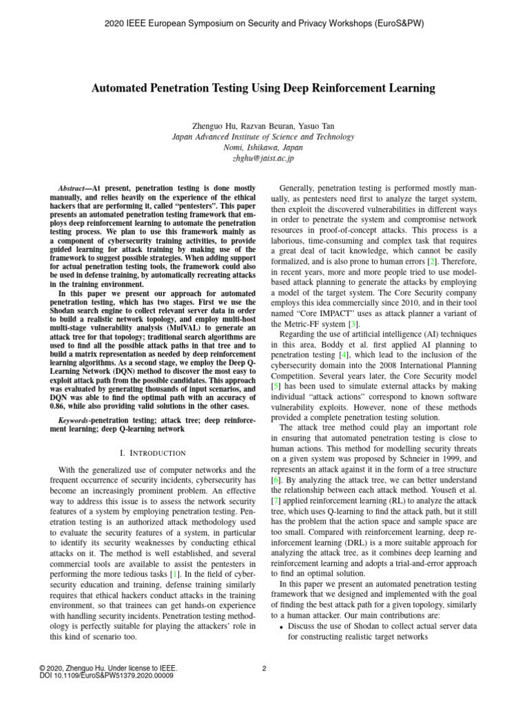 Automated Penetration Testing Using Deep Reinforcement Learning Pdf Networking Internet And Web