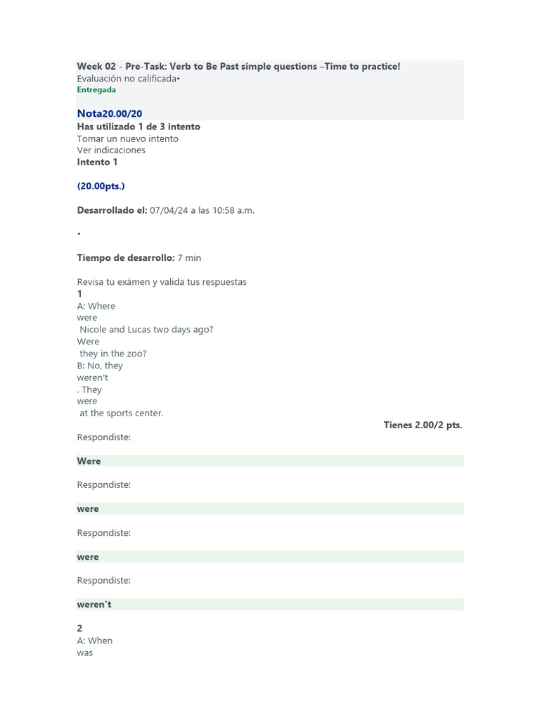 Week 02 PreTask Verb To Be Past Simple Questions Time To Practice | PDF