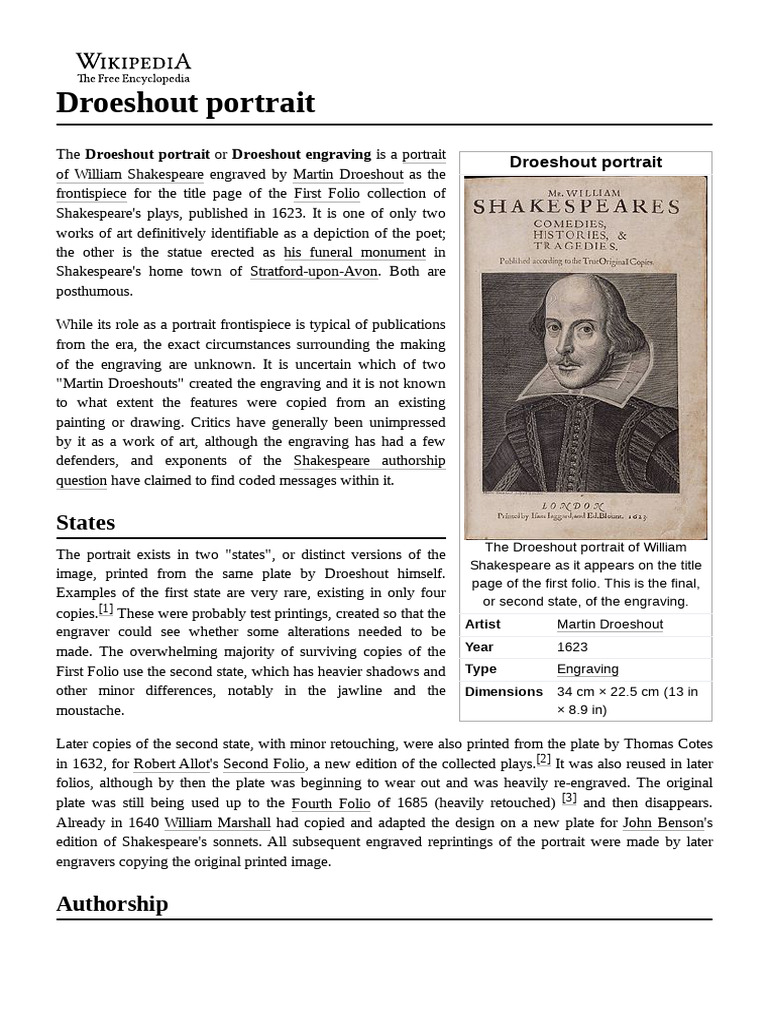 Droeshout Portrait | PDF | William Shakespeare