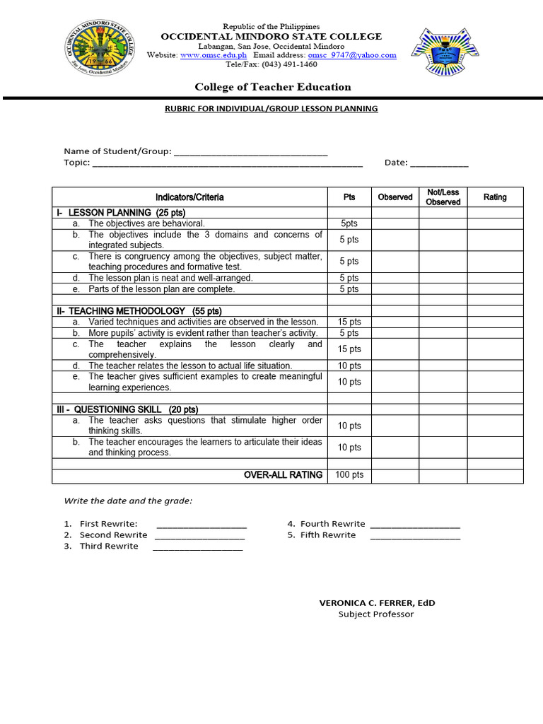 Rubric For Lesson Planning | PDF | Teachers | Lesson Plan
