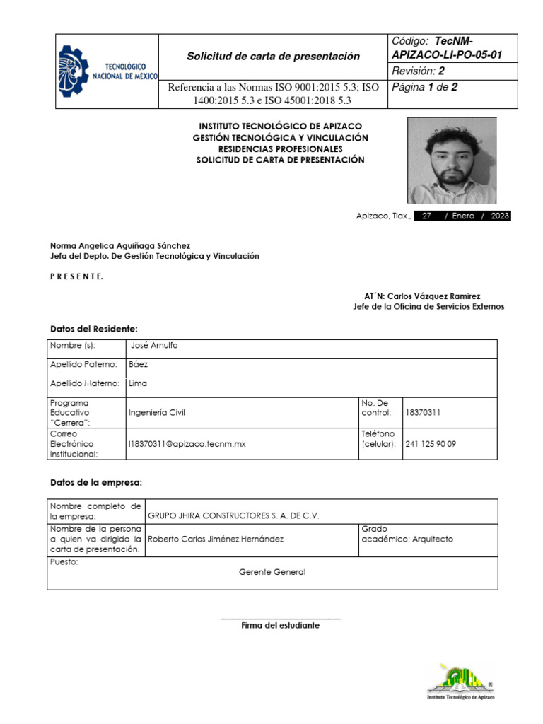 TecNM APIZACO LI PO 05 01 SolicitudCartaPresentacion | PDF