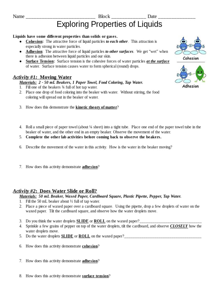 Exploring Properties of Liquids: Activity #1: Moving Water | PDF | Drop ...