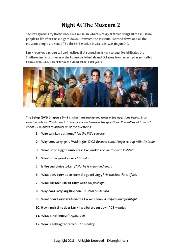 TEFL Movie Class Worksheet - Night at The Museum Teacher Key 2 (With ...