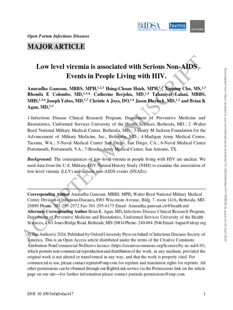 Low Level Viremia Is Associated With Serious Non-AIDS Events in People ...