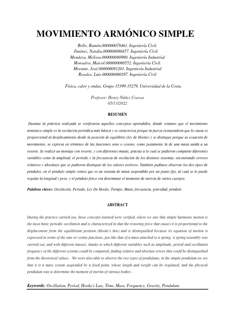 Informe Movimiento Armónico Simple Pdf Oscilación Péndulo