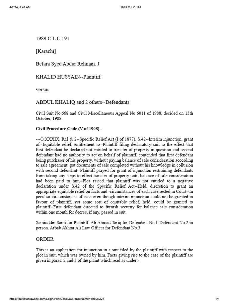 1989 C L C 191 (Karachi) Befara Syed Abdur Rehman. J KHALID HUSSAIN ...
