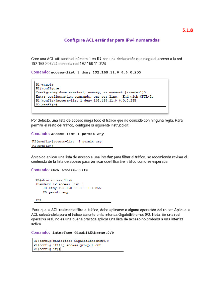Configure ACL Estándar para IPv4 Numeradas | PDF