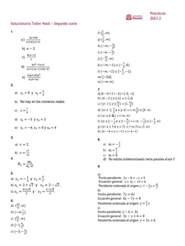 Solucionario Taller 2 Precalculo | PDF