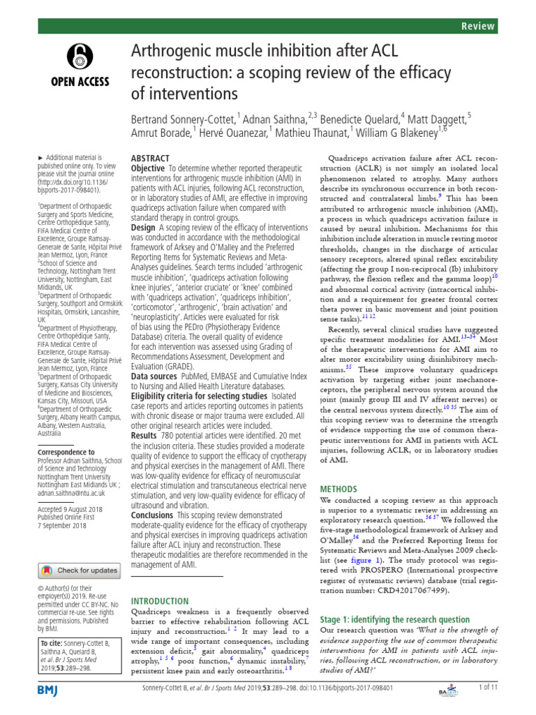 Arthrogenic Muscle Inhibition After ACL Reconstruction A Scoping Review ...