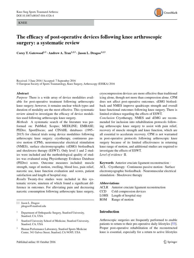 The Efficacy of Post Operative Devices Following Knee Arthroscopic ...