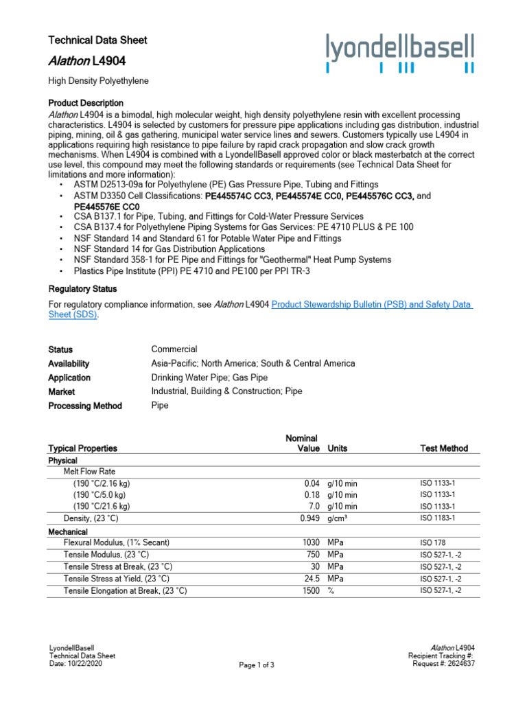Alathon L4904 Pipe Resin Data | PDF | Pipe (Fluid Conveyance) | Polyethylene