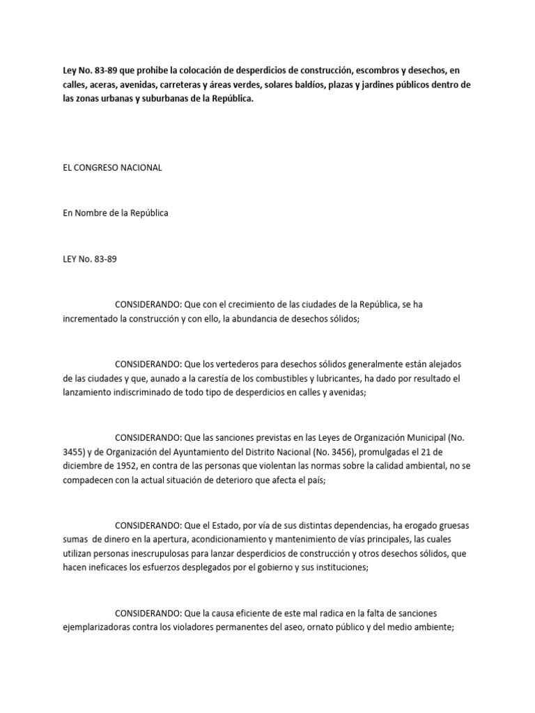 Ley 83-89 Sobre Prohibicion de Escombros en La Vía Publica | PDF ...