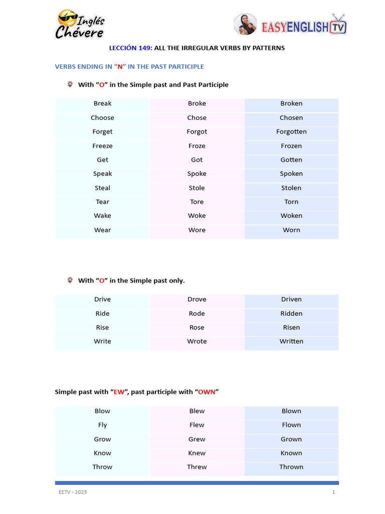LECCIÓN 149 - ALL IRREGULAR VERBS BY PATTERNS - EETV | PDF | Linguistics