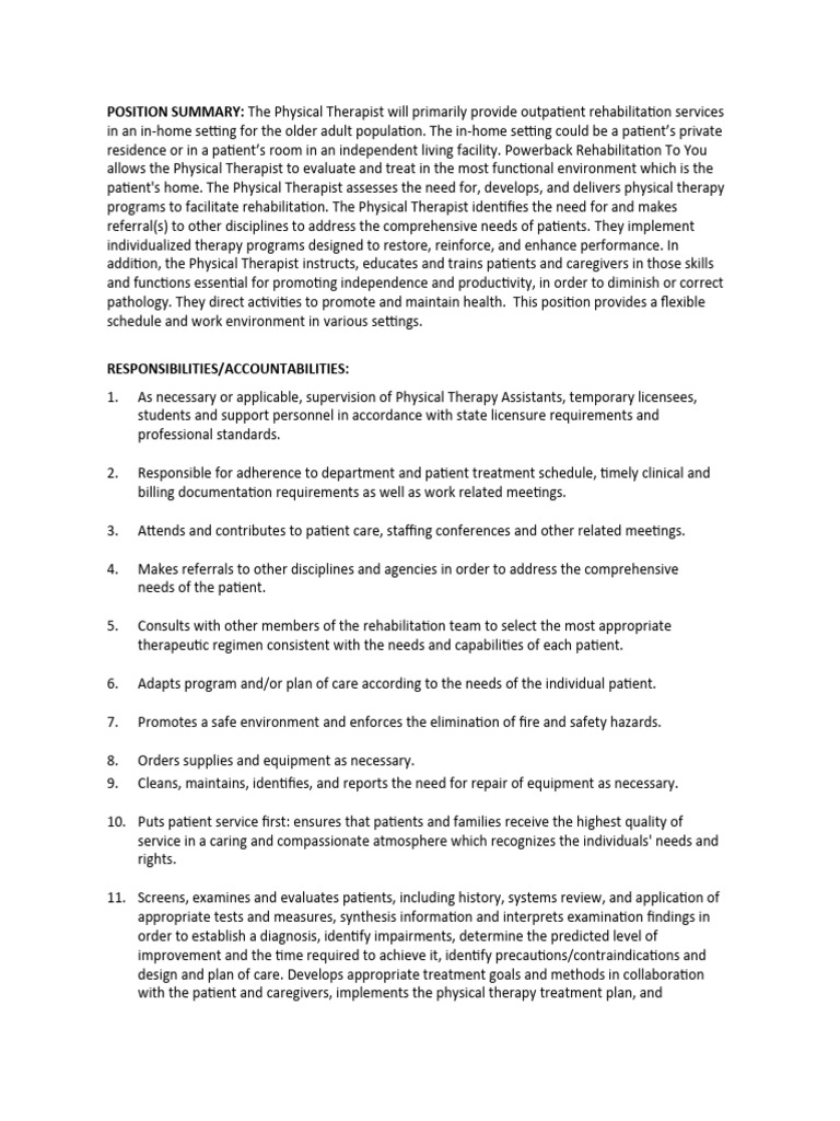 Physical Therapist Job Description | PDF | Physical Therapy | Therapy