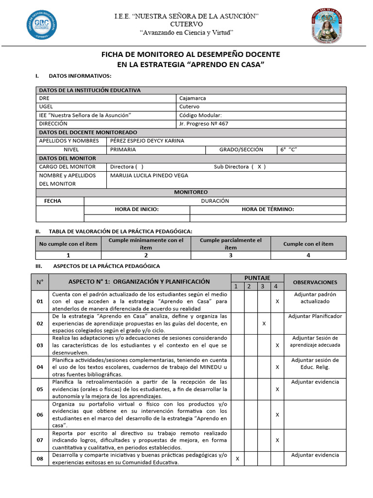 1_FICHA DE MONITOREO AL DESEMPEÑO DOCENTE | PDF | Aprendizaje | Evaluación