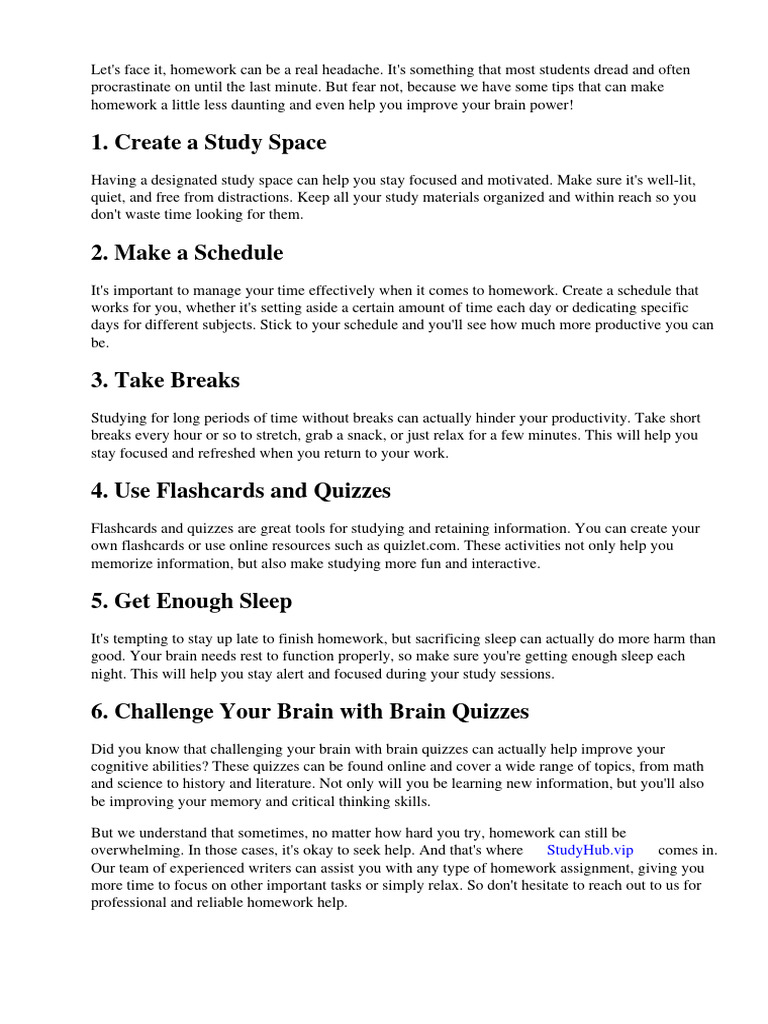 Homework Tips Brain Quiz | PDF | Homework | Teachers