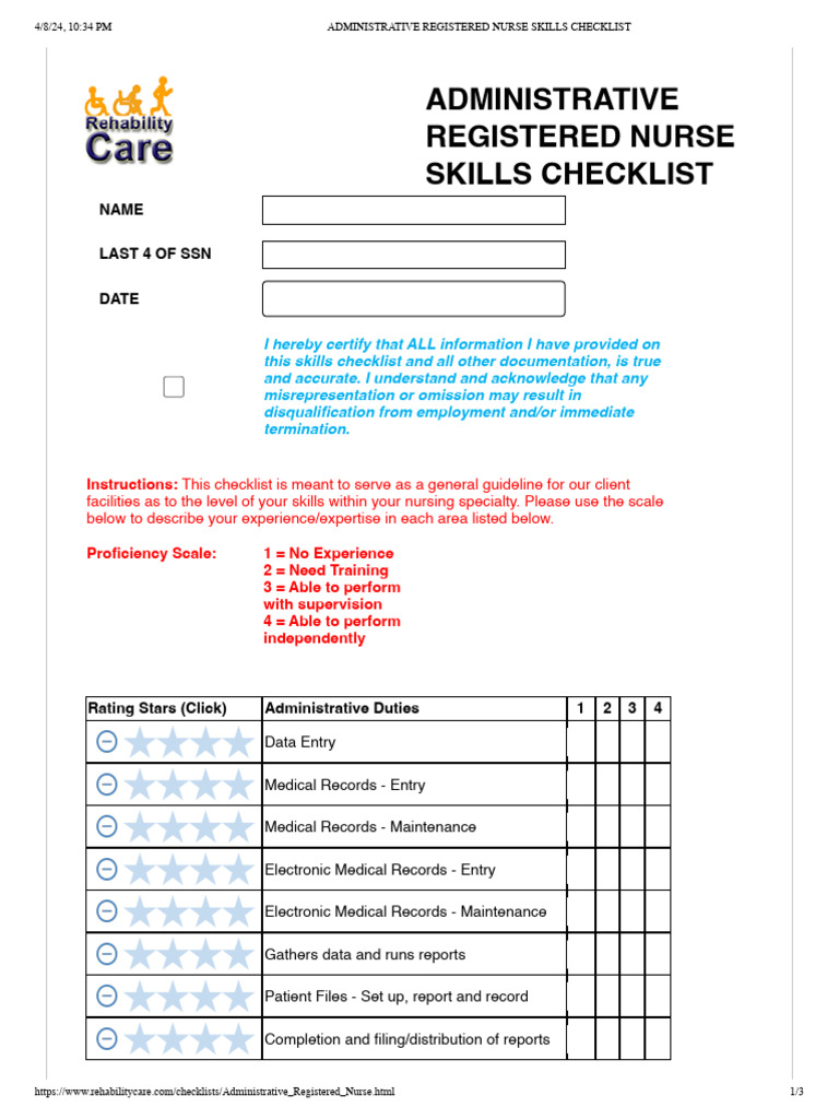 Administrative Registered Nurse Skills Checklist | PDF | Nursing ...