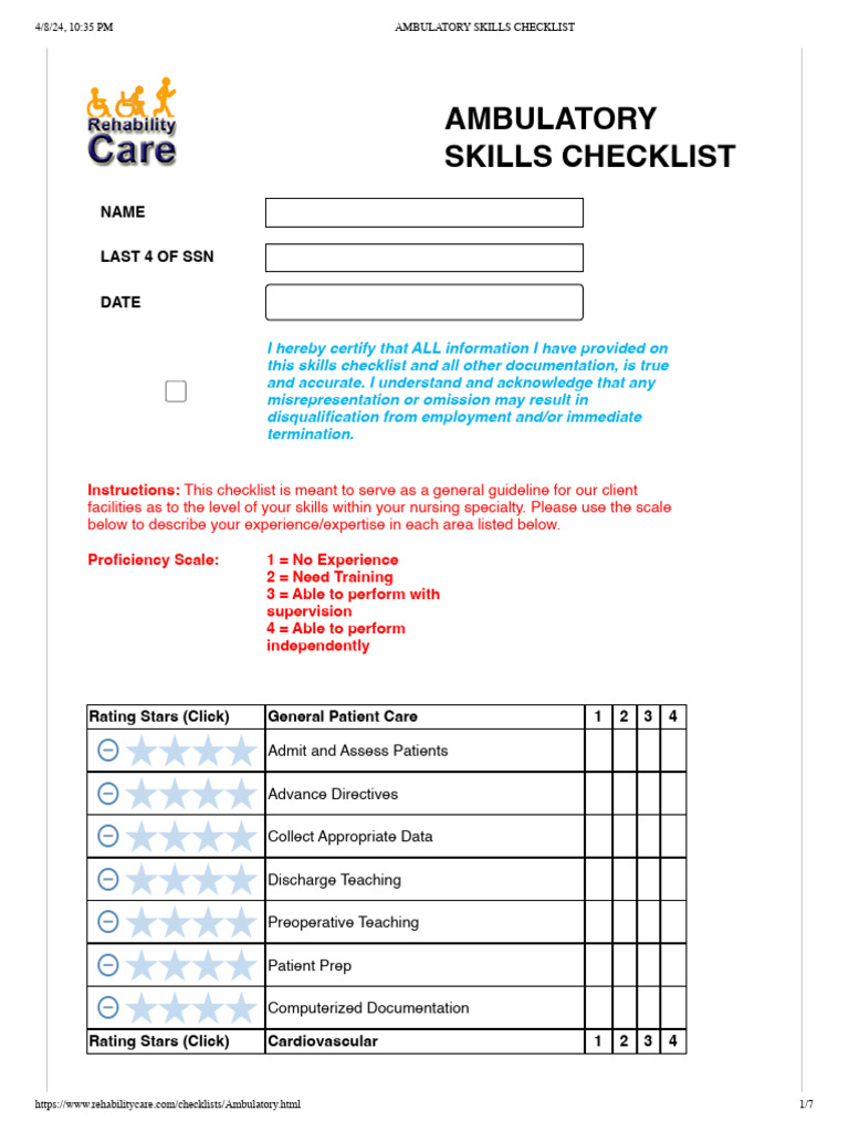 Ambulatory Skills Checklist | Download Free PDF | Intravenous Therapy ...