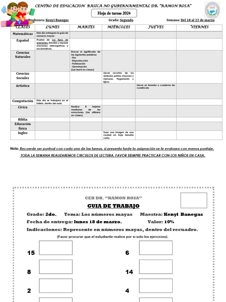 Hoja de Tareas Segundo Grado 2024 | PDF