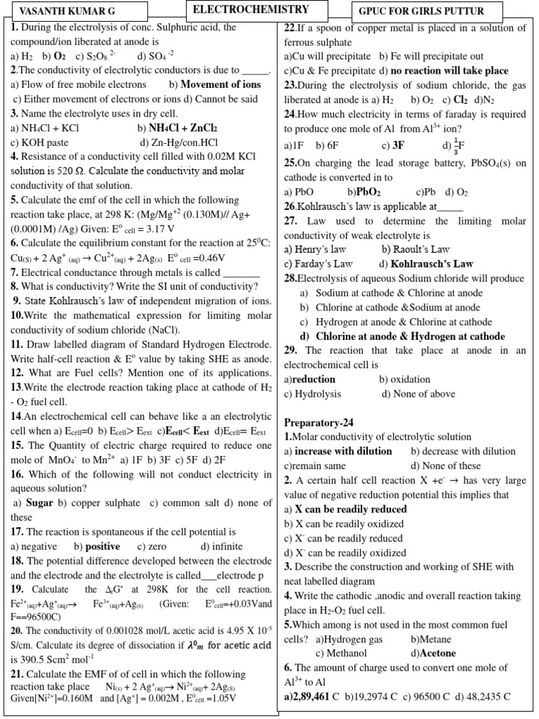 Electrochemistry Preparatory | PDF | Electrochemistry | Anode