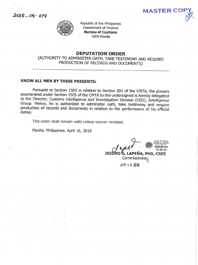 Mem 2018 04 019 - Deputation - Order | PDF