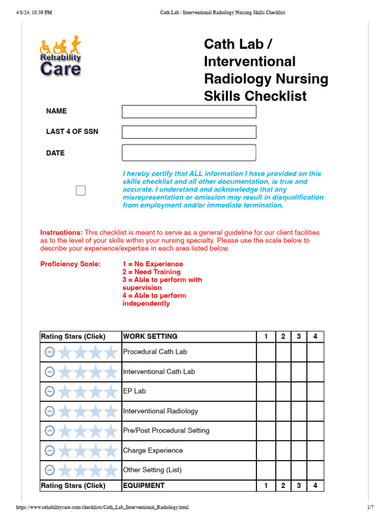 Cath Lab - Interventional Radiology Nursing Skills Checklist | PDF | Interventional Radiology ...