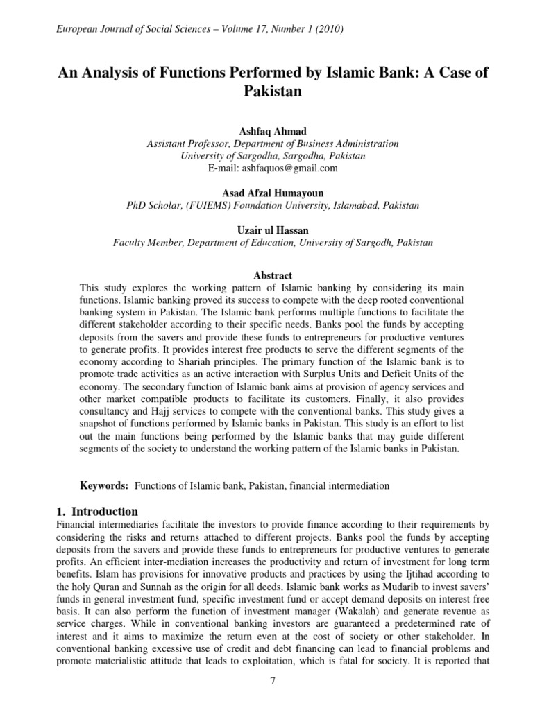 An Analysis of Functions Performed by Islamic Bank - A Case of Pakistan ...