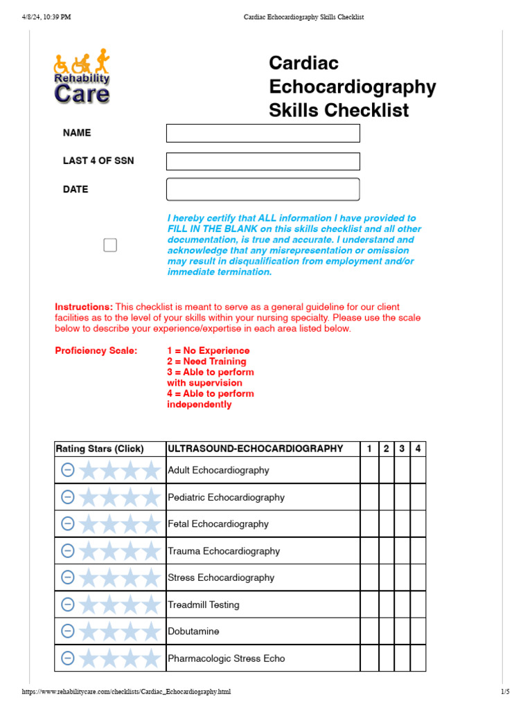 Cardiac Echocardiography Skills Checklist | PDF | Echocardiography | Medical Ultrasound