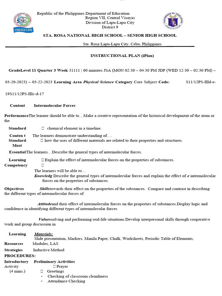 lesson-plan-week 7-in-physical-science | PDF | Intermolecular Force ...