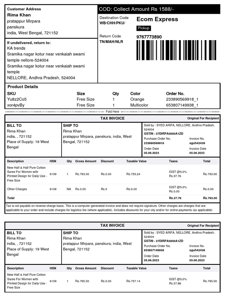Customer Invoice for Cotton Sarees | PDF | Invoice | Taxation