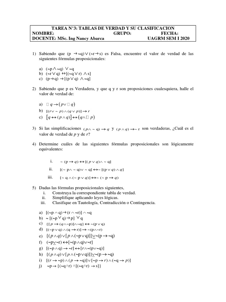 tarea n°4 tablas de verdad | PDF
