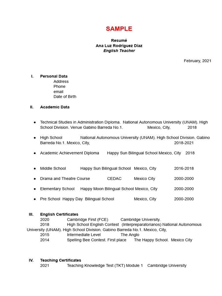 CV Sample | Download Free PDF | Educational Stages