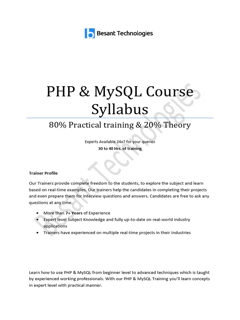 PHP Mysql Course Syllabus | PDF | Php | Class (Computer Programming)