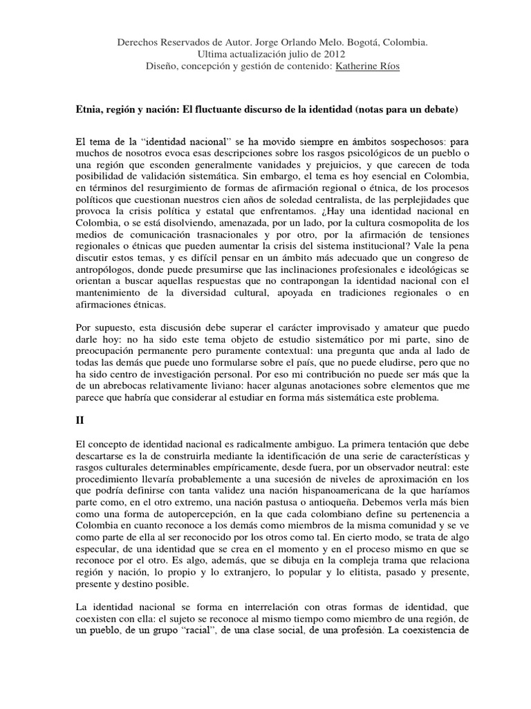 Lectura Etnia, Region y Nación El Fluctuante Discurso de La Identidad ...
