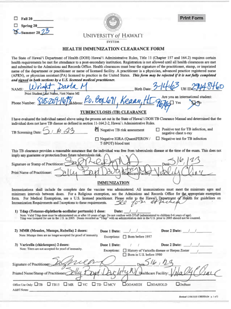 Darla Wright Health Immunization Clearance Form and Religious Waiver | PDF