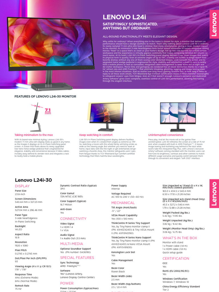 Lenovo L24i 30 Datasheet | PDF | Computer Monitor | Display Technology