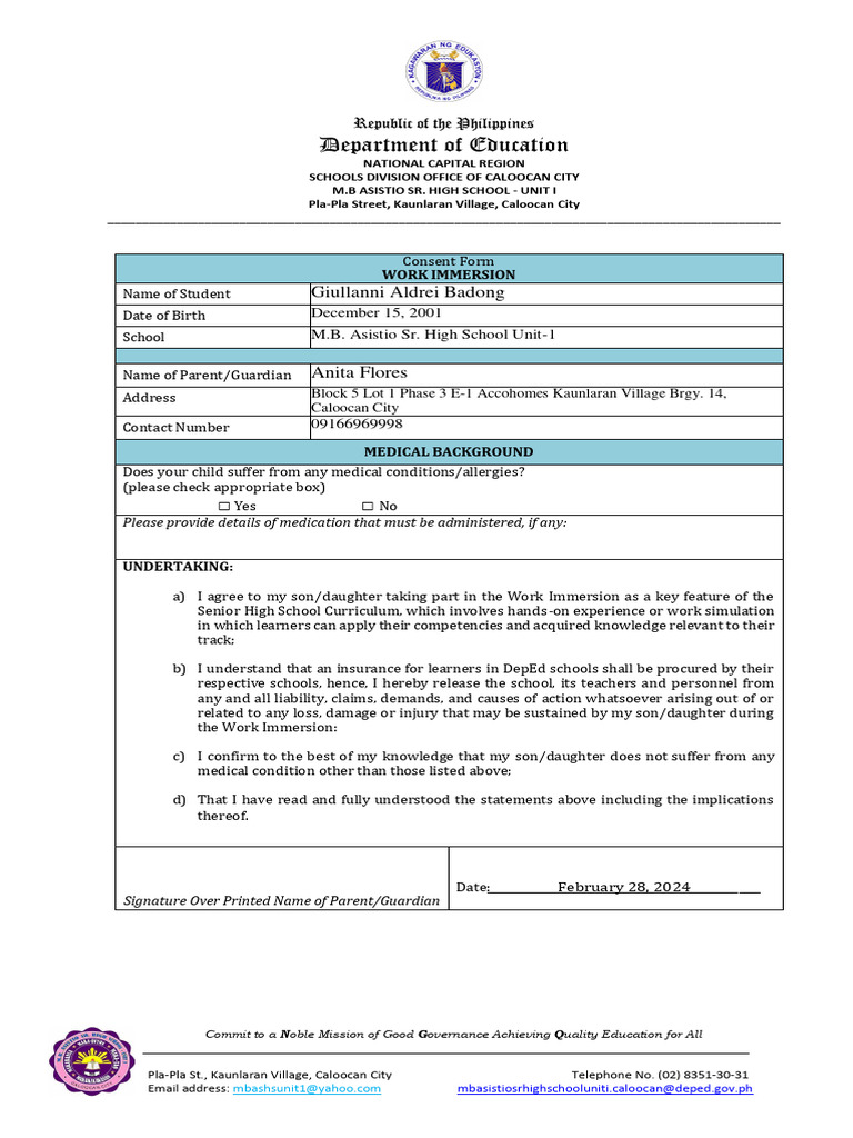 Work Immersion Consent Form for Students | PDF