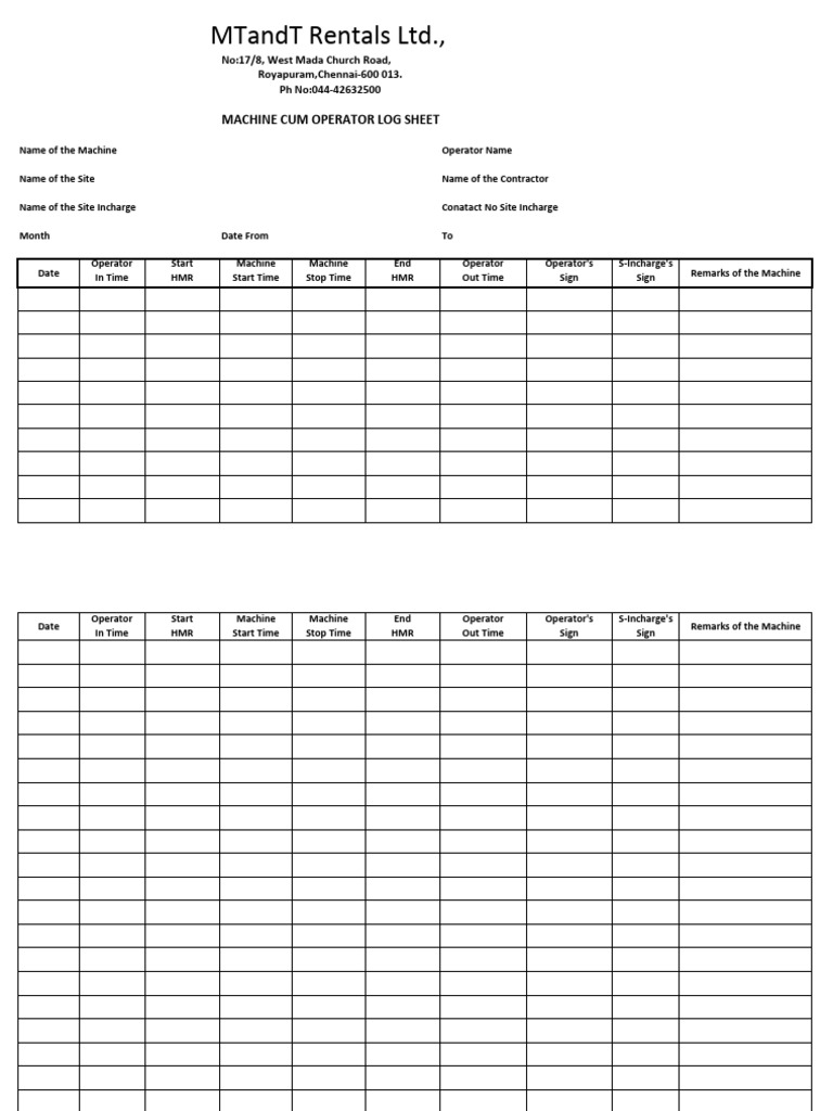 Machine Operator Log Sheet Template | PDF