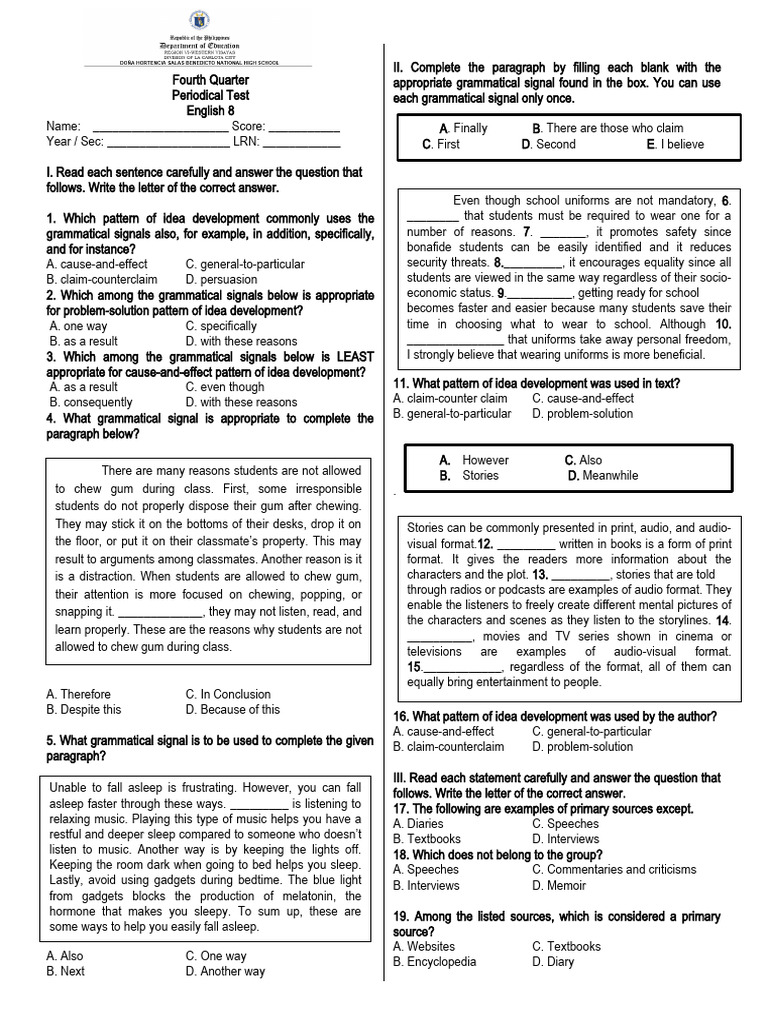 Grade 8 Q4 Periodical Test | PDF | Internet | Social Media