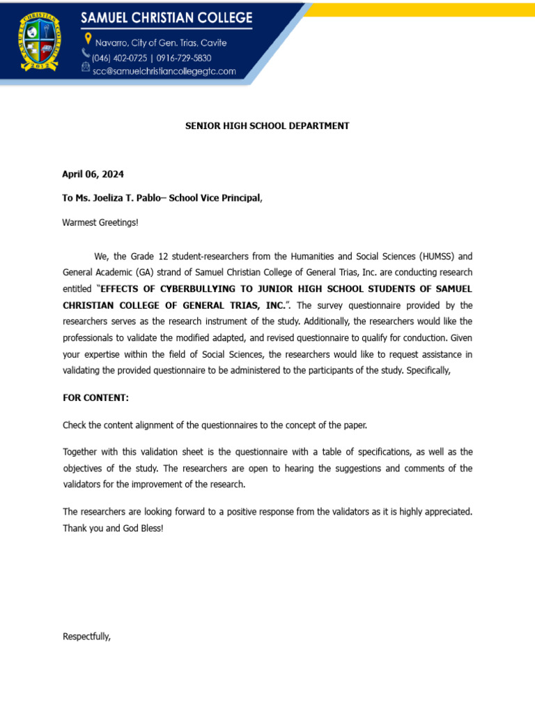 Group 4 Ephraim - Validation Sheet | PDF | Cyberbullying | Questionnaire