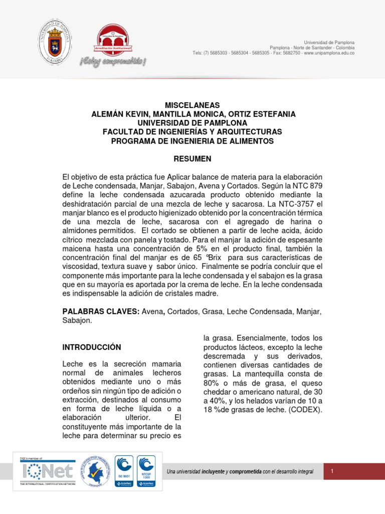 INFORME MISCELANIAS LECHES Completo | PDF | Leche | Alimentos