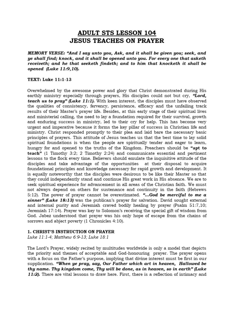 Adult STS Lesson 104 - Jesus Teaches On Prayer | Download Free PDF | Lord's Prayer | Forgiveness