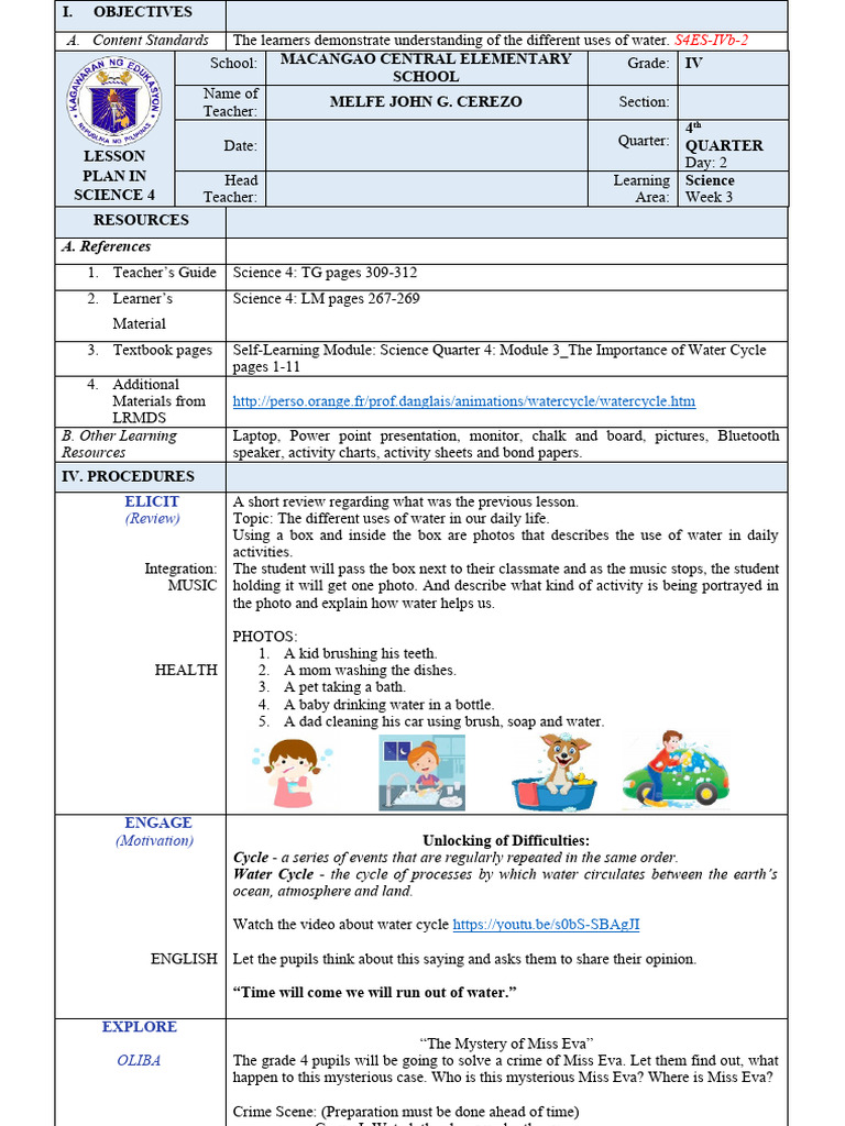 Lesson Plan in Grade 4 Water Cycle OLIBA | PDF | Learning | Water