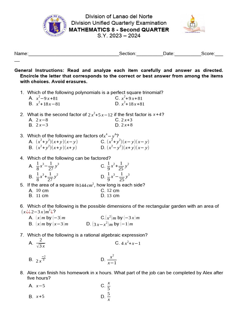 Math-8-Quarter-1 | PDF | Mathematical Concepts | Mathematical Objects