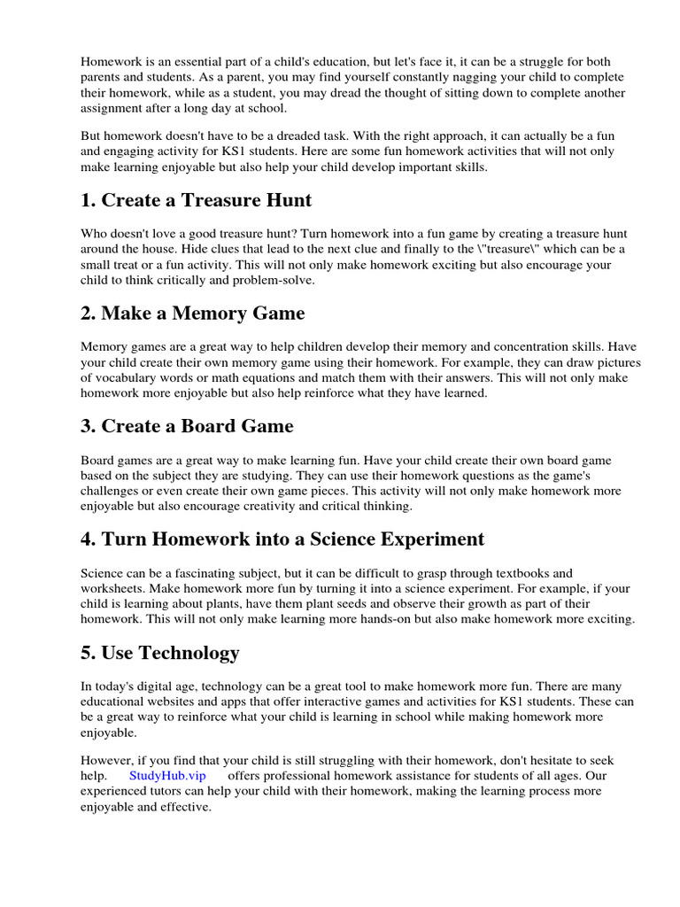 Fun Homework Activities Ks1 | PDF | Homework | Worksheet