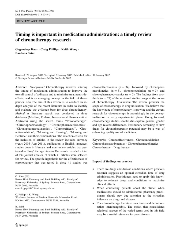 Timing Is Important in Medication Administration A Timely Review of ...