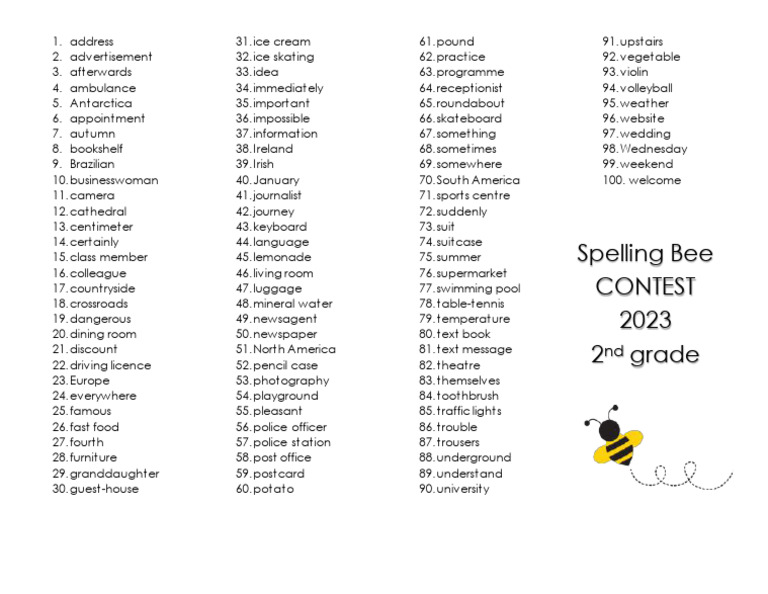 Spelling Bee Words for 2nd Grade 2023 | PDF