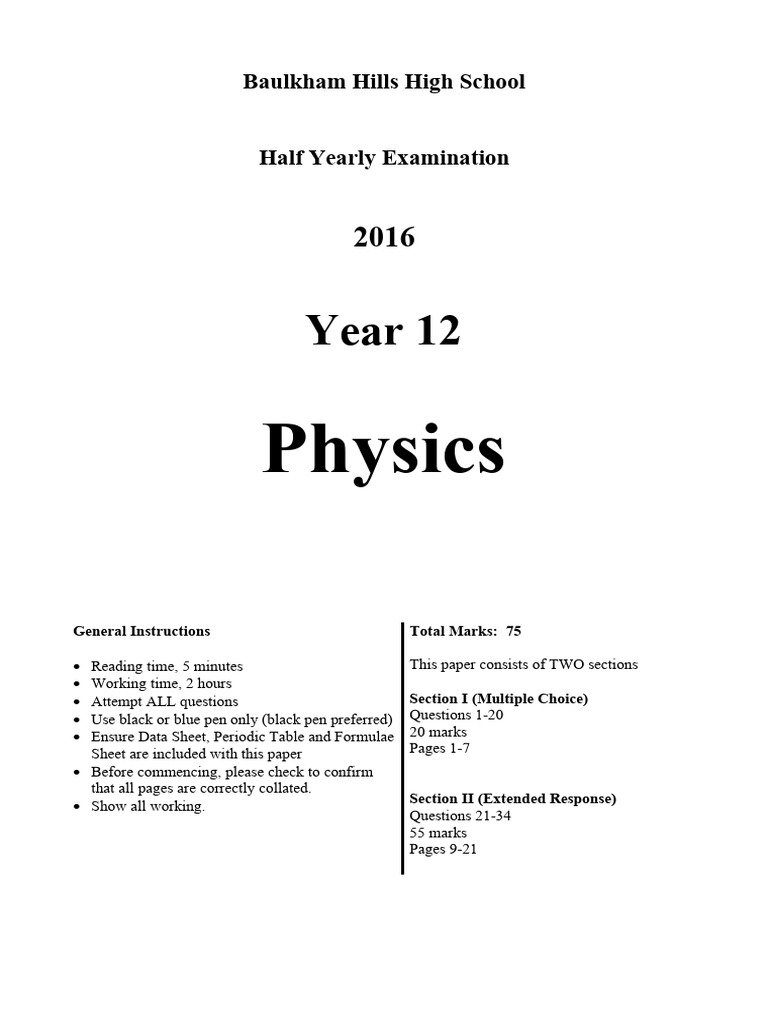 2016 PHY - Baulkham Hills - Half Yearly Exam Paper | PDF | Transformer | Magnetic Field